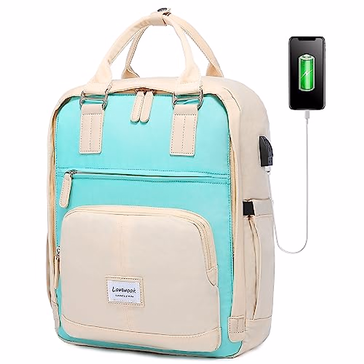 LOVEVOOK Laptop Backpacks for Women,Lightweight Cute Backpack with USB Charging Port Aesthetic Casual Travel Backpack 15.6 Inch,White&Green
