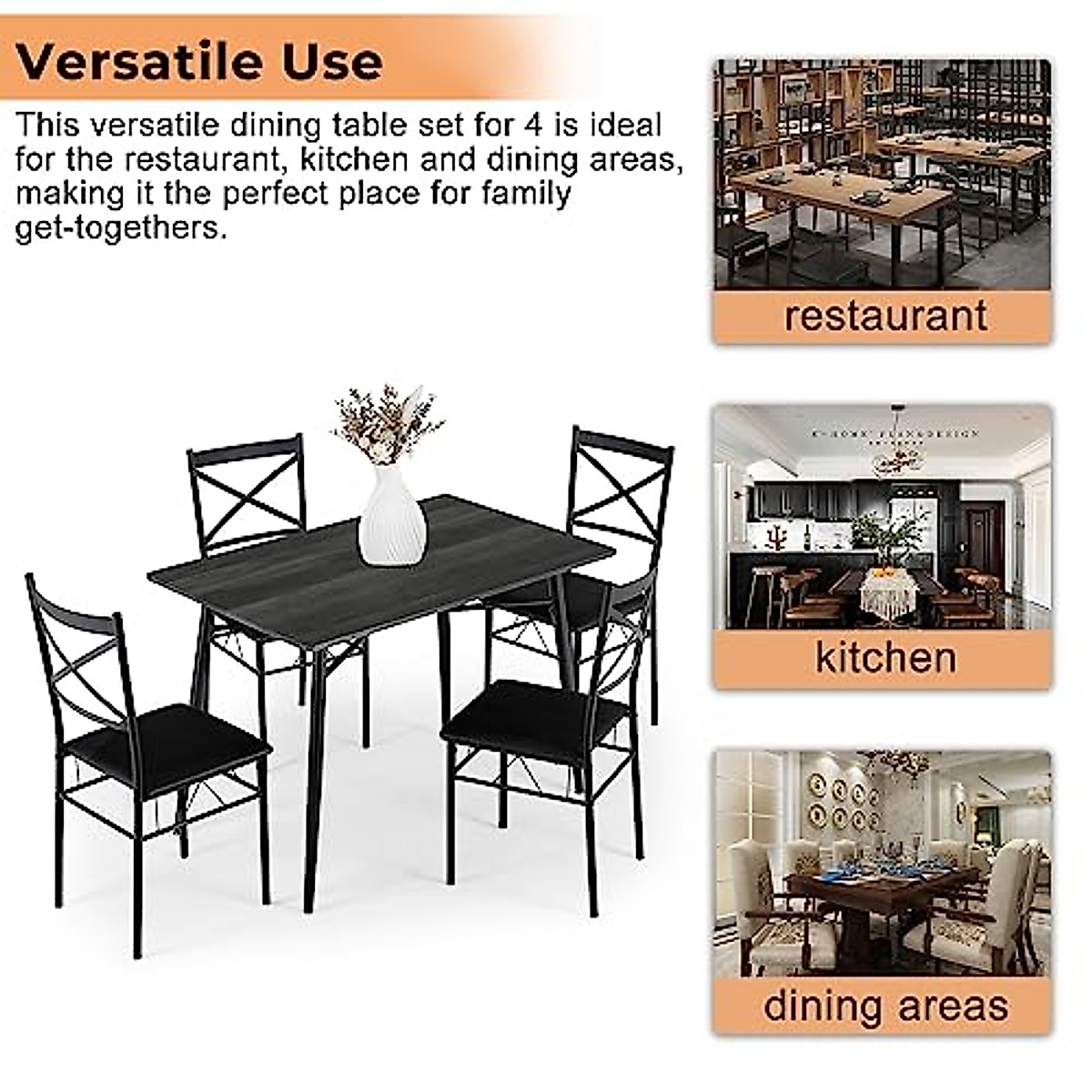 VINGLI 43.3" Dining Table Set for 4, Small Kitchen Table and Chairs for Small Space,5 Pieces Modern Metal and Wooden Dining Table with Chairs Set for Dining Room,Apartment (Dark Grey)