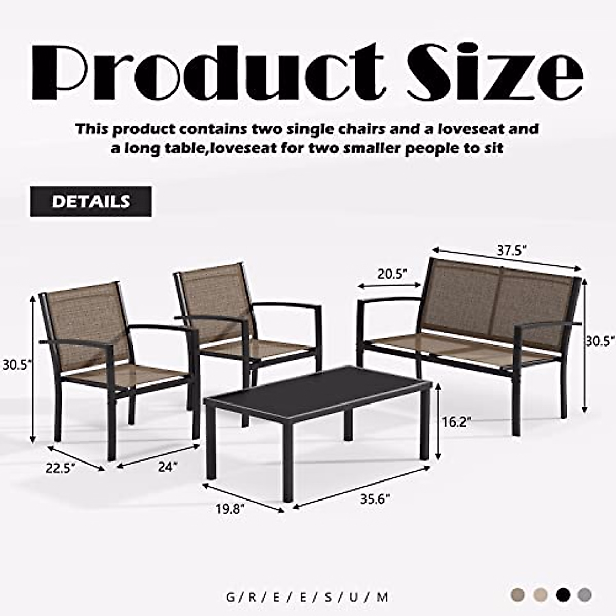 Greesum GS-LCT4PCSBN 4 Pieces Patio Furniture Set Outdoor Conversation Textilene Fabric Chairs for Lawn, Garden, Balcony, Poolside with A Glass Coffee Table, Brown