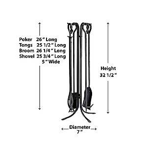 Plow & Hearth Tall 5 Piece Hand Forged Iron Fireplace Tool Set with Poker, Tongs, Shovel, Broom, and Stand 7-in Diam. x 32.5 H Black