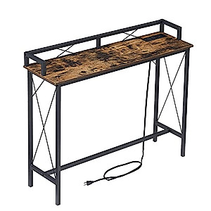 VECELO 39.4" Couch Side & Console Table with 2 Outlet and 2 USB Ports, Narrow Entryway Furniture with Baffle, Extra Long 9.8 Feet Power Cord and Rest Rails, 39.42" L x 11.8”W x 31.5" H, Brown