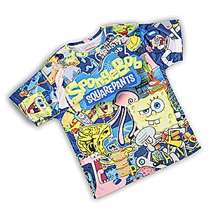 Mens Spongebob Squarepants Classic Shirt - Spongebob, Patrick & Krusty Krab Sublimated Allover T-Shirt (White, Medium)