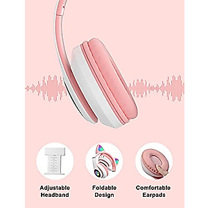 TOKANI Kids Headphones, Bluetooth Wireless Headphones for Kids Teens Adults, Over-Ear Bluetooth Headphones with Microphone, Cat Ear Headphones for Girls Women (Pink)