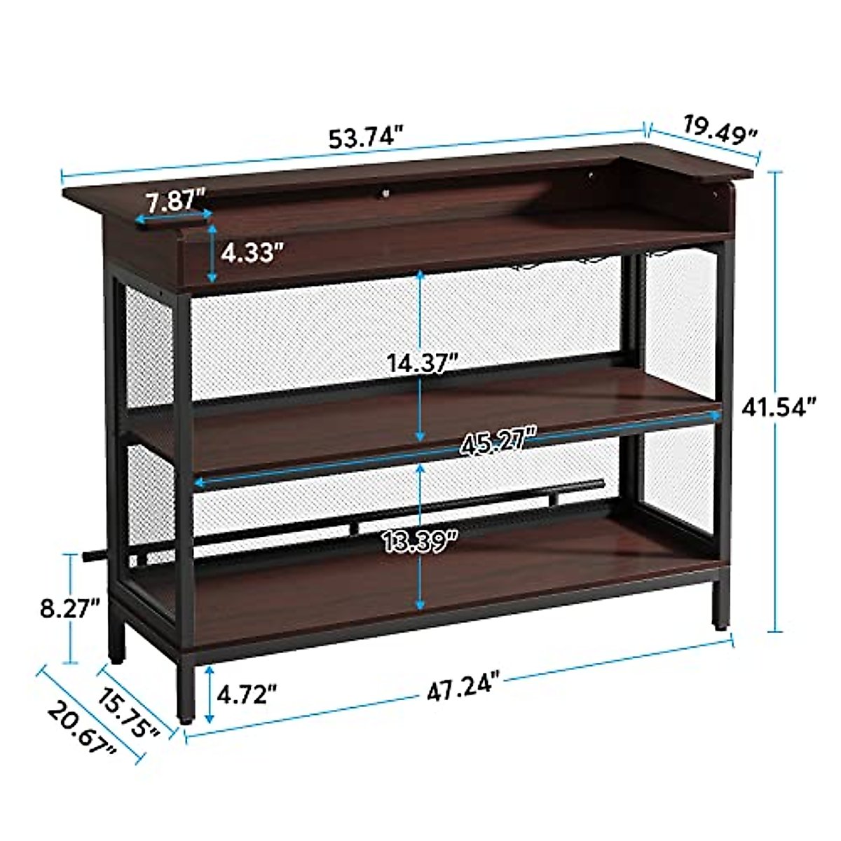 Tribesigns Industrial Home Bar Unit, 3 Tier Liquor Bar Table with Stemware Rack and Wine Storage Display Shelf, Mini Bar Cabinet with Glass Holder Footrest and Mesh Front