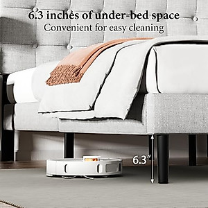 UNIZONE Queen Size Bed Frame with Button Tufted Upholstered Headboard, Linen Platform Bed with Wood Slats Support, Mattress Foundation, No Box Spring Needed, Easy Assembly, Light Grey