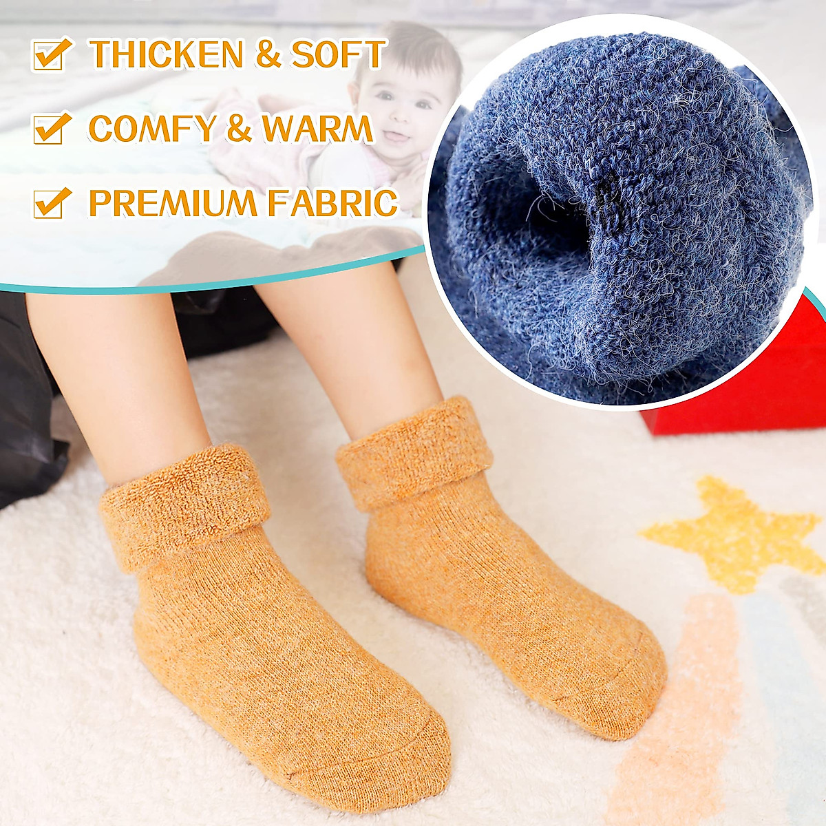 Eyean Baby Wool Grip Sock Soft Winter Warm Thick Non Slip Toddler Boy Girls Crew Socks For Children 6 Pairs (Solid Color, 1-3 Years)