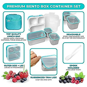 Stainless Steel Lunch Box for Kids Toddler Bento-Box Lunch-Box for Daycare, 3 Compartment Portion Control Containers with Tray for Lunches Snacks - School Travel, 24 oz Teal Blue with Bag Utensil