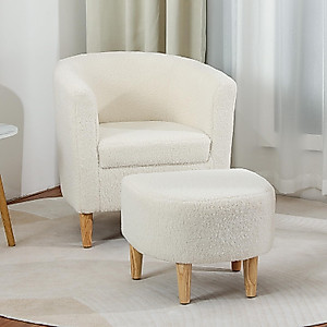 DAZONE Sherpa Chair, Accent White Fluffy Chair Teddy Barrel Chair with Ottoman Comfy ArmChair Footrest Set For Living Room Upholstered Club Tub Sofa Chair for Bedroom Reading Room