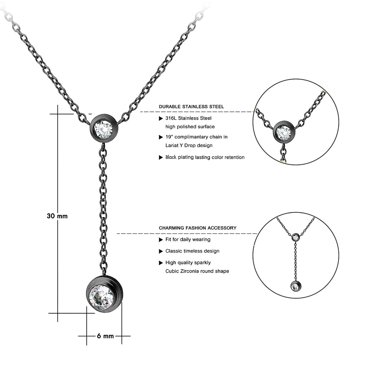 555Jewelry Womens Stainless Steel Metal Charming Lariat Style Y Droplet Cable Chain Brilliant Drop Round CZ Layered Hypoallergenic Fashion Jewelry Accessory Pendant Necklace, Black 18 Inch