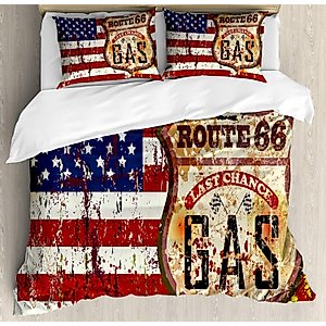 Lunarable Route 66 Duvet Cover Set, American Flag with Grunge Stripes and Stars National Highway Scenic Road Trip, Decorative 3 Piece Bedding Set with 2 Pillow Shams, Queen Size, Red Blue