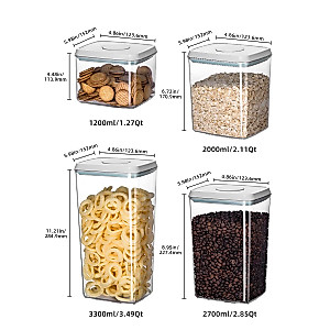 8-Piece Set of Pop Airtight Food Storage Containers with Lids Stackable Containers for Kitchen Pantry Organization Ideal for Cereal Snacks Flour Sugar Coffee and Spaghetti (1.2, 2.0, 2.7, 3.3qt)*2