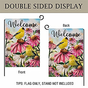 Artofy Welcome Summer American Goldfinch Birds Home Decorative Garden Flag, Yard Echinacea Daisy Flower Outside Decor, Spring Outdoor Small Burlap Decoration Double Sided 12x18
