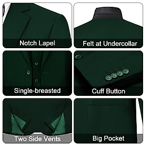 MAGE MALE Mens Tuxedo Suit Set Slim Fit 3 Piece Suit Wedding Prom Suits Patch Pockets Blazer Vest Pants Set with Bow Tie Dark Green