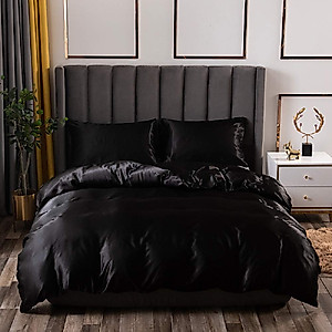 Black Silk Comforter Cover Set Full Size Silk Like Satin Duvet Cover Set Solid Color Decor Soft Microfiber Women Bedding Sets With Zipper Ties Soft Luxury Duvet Cover Set For Adult Women Men Girls