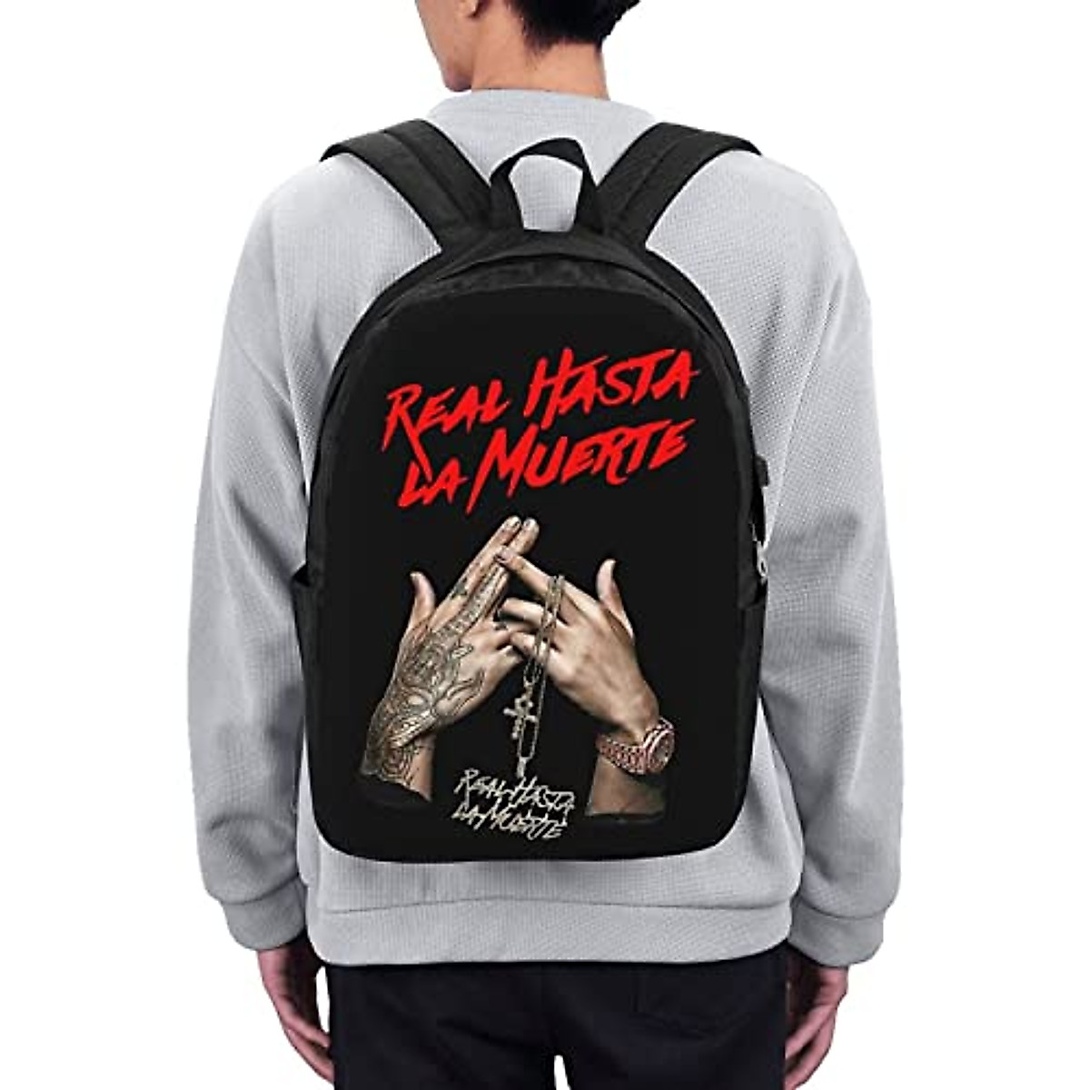 HQEKMS Real Hasta La Muerte Backpack,17Inch Lightweight Bookbag with USB Charging Port Travel Casual Backpack, Black, One Size