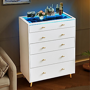 JanflyHome 5 Drawer Dresser for Bedroom Tall, Glass Dresser with 20 Colors LED Lights as Jewelry Organize, Wood Chest of Drawers for Bedroom, Living Room, Cloakroom, Entryway, White