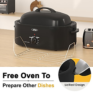 Royalcraft Roaster Oven with Self-Basting Lid, 18qt Electric Roaster with Removable Pan & Rack, Turkey Roaster Oven with Defrost & Warm Function, Stainless Steel, Black