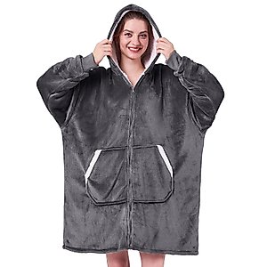 JOYWOO Kids Wearable Blanket Hoodie, Oversized Sherpa Hooded Blanket Birthday Christmas Gifts for Girl Boy, Cozy Sweatshirt Blanket with Giant Pocket and Zipper, Gray