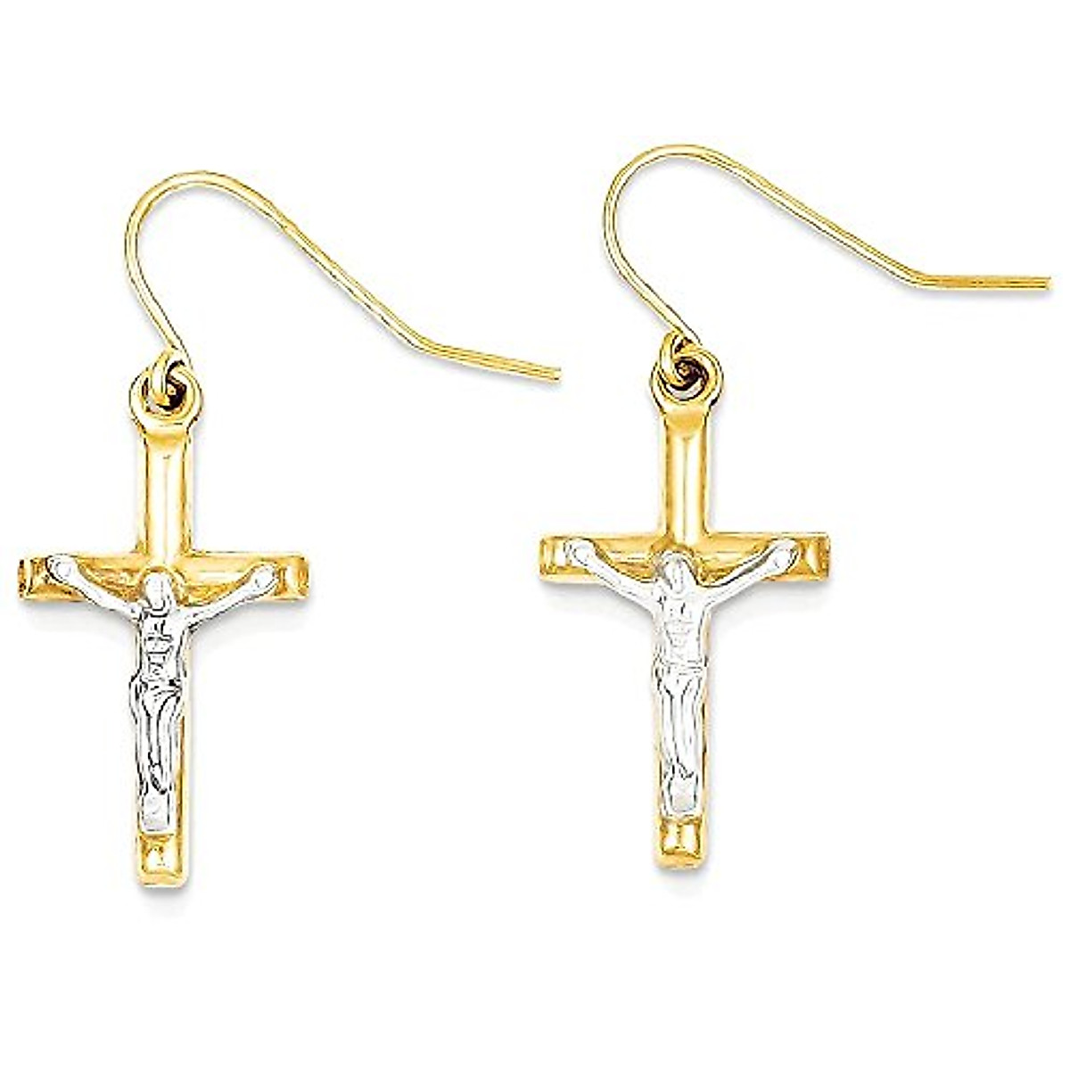 14K Two Tone Gold Lord Jesus Christ Crucifix Holy Hanging Cross Christian Religious Drop Dangle Earrings