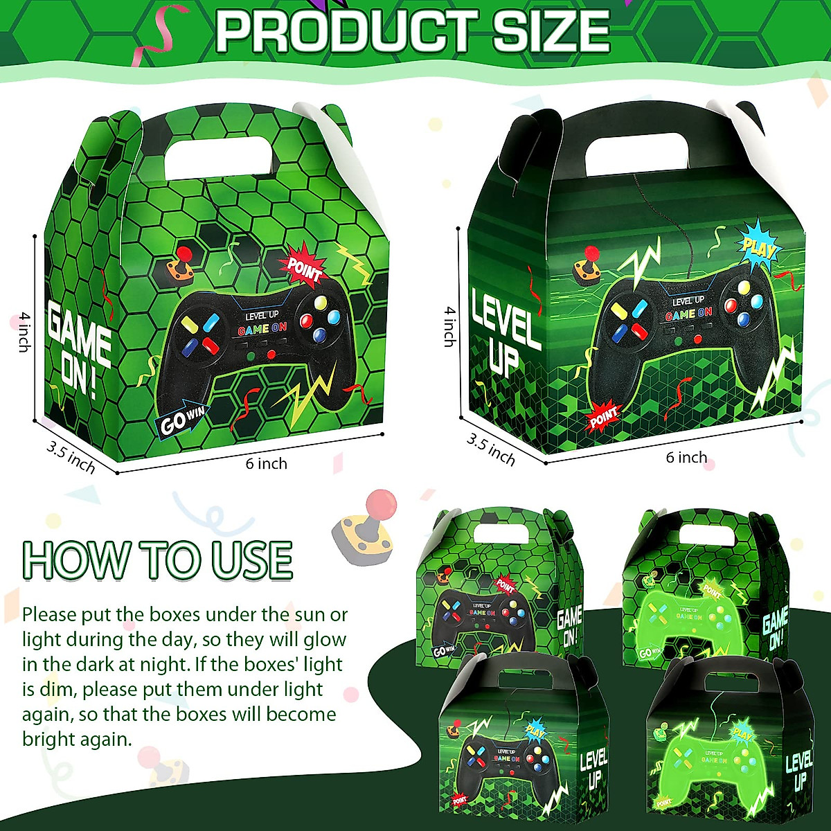 24 Pcs Glow in the Dark Video Game Party Boxes Neon Light up Game Theme Party Supplies Favors Candy Goodies Boxes with Handle for Kids Birthday Party Christmas Decor Baby Shower Treat Boxes(Green)