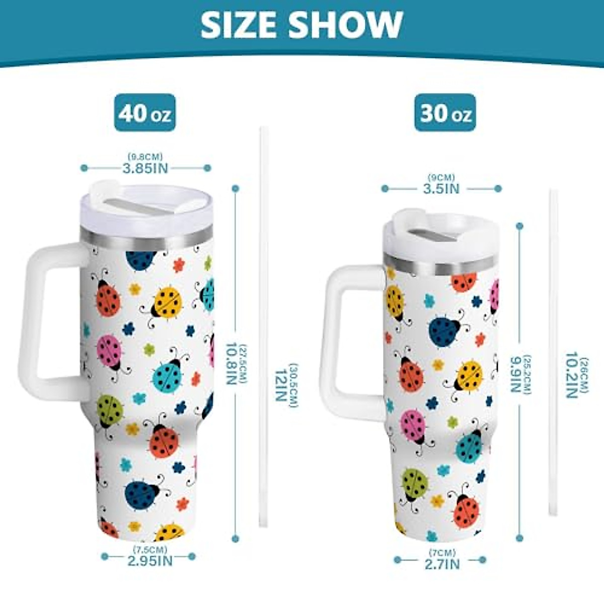 ARGTILDN 30 oz Tumbler Colorful Ladybugs Flowers Insulated Travel Mug with Handle and Straw Lid Stainless Steel Vacuum Coffee Cup Tea Beverage Container Water Bottles for Car Sports office