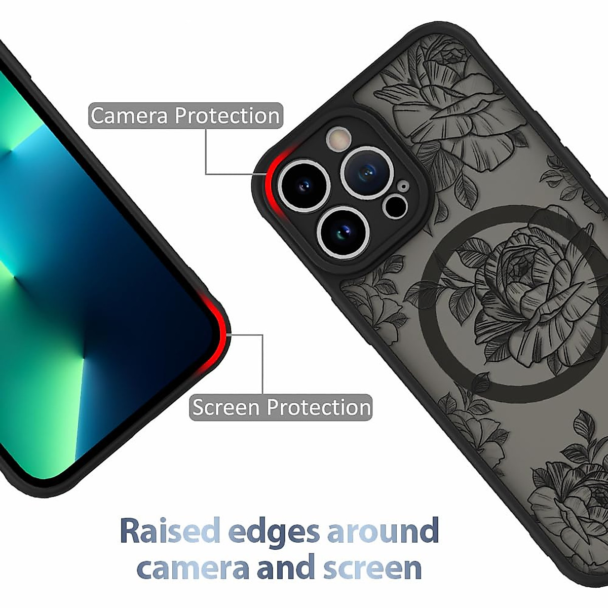 AIGOMARA Case for iPhone 13 Pro Max [Compatible with MagSafe] Black Flower Floral Pattern Design Case for Women Girls Soft TPU Bumper Hard PC Back Anti-Fall Shockproof Protective Magnetic Cover