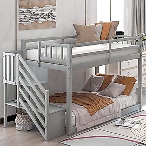 Flieks Bunk Bed with Storage Staircase, Twin Size Bunk Bed for Kids, Teens, No Box Spring Needed (Gray)