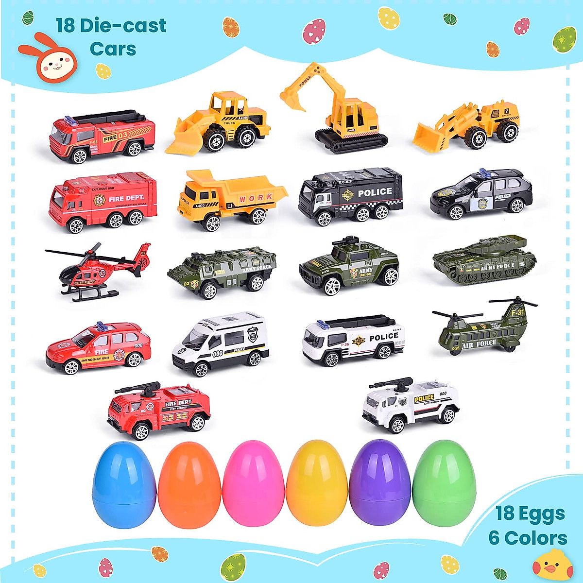 FUN LITTLE TOYS 18Packs Easter Eggs Prefilled with Die-cast Cars Toy Vehicles for Toddlers, Easter Party Favors / Basket Stuffers, Goodie Bags Fillers, Classroom Prizes