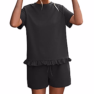 Women's Spring and Summer Pure Color Round Collar Leaf Edge Short Sleeved Shorts Casual Suit Black