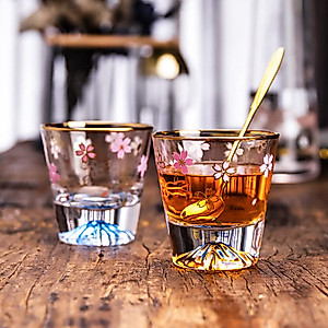 Caalio Whiskey Glass Old Fashioned Glass, Japanese Sakura and Mountain, Rocks Glass Tumbler Home Bar, Cocktail, Bourbon Scotch Cocktails Cognac Vodka, 9oz