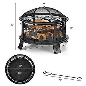 Giantex Wood Burning Fire Pit, 26 Inch Outdoor Firepit for Backyard, Garden and Patio Bonfires with Spark Screen, Poker and Built-in Wood Grate, Handy Handles, Portable Round Fire Pit