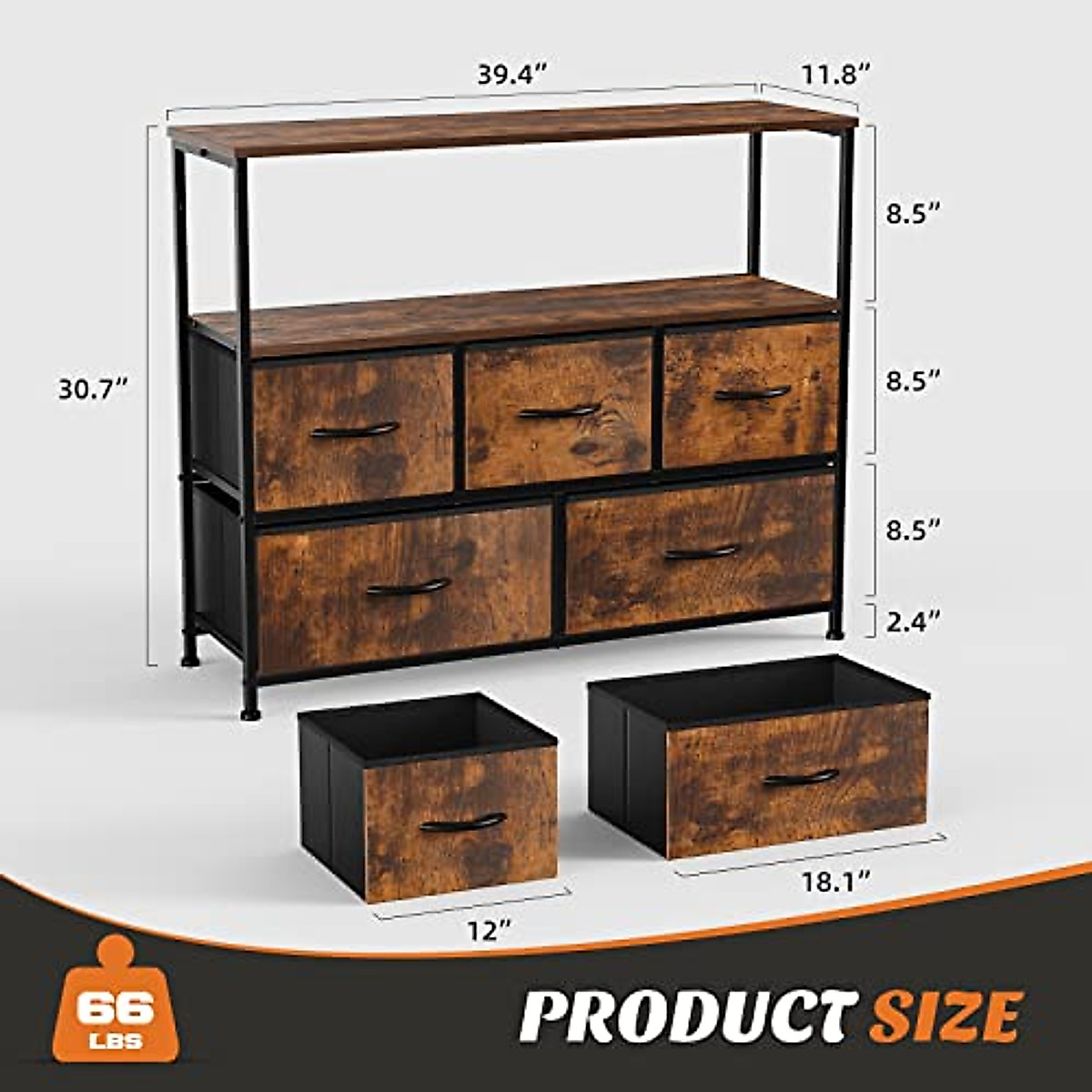 Dresser TV Stand, Entertainment Center with 5 Fabric Drawers, Media Console Table for TV with Open Storage Shelf Dresser for Bedroom/Living Room/Hallway Rustic Brown
