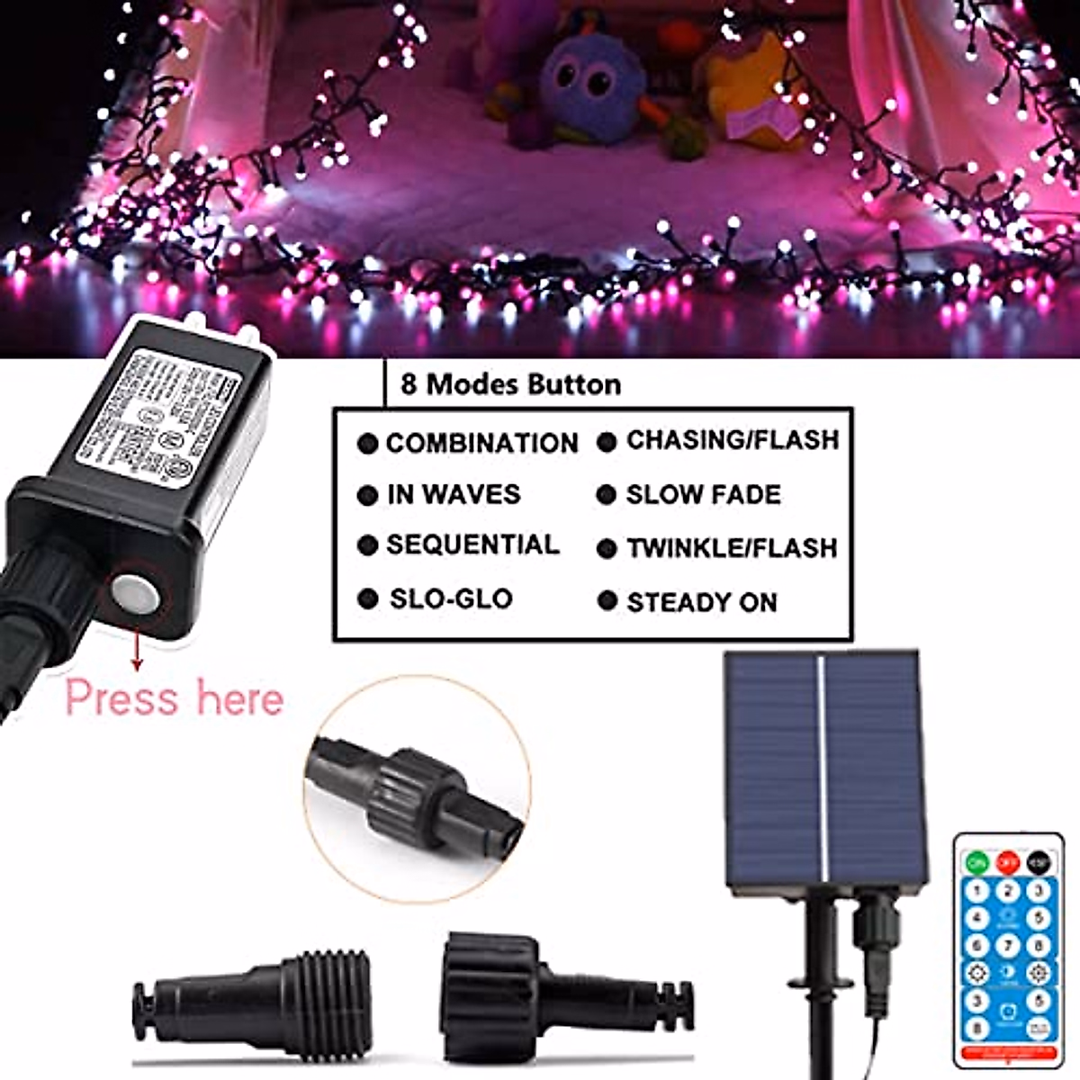 Valentines Day Globe String Lights, Valentines Decor Fairy Lights 8 Modes with Solar Plane&Plug in, 250 LEDs Lights Valentines Decoration Party Bedroom Home Indoor Outdoor(Pink White)