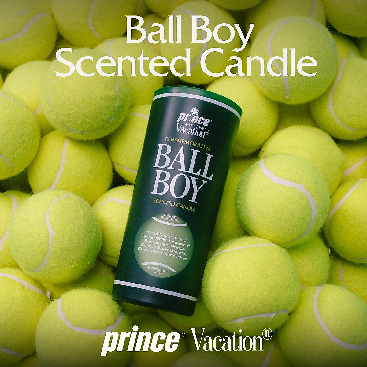 Vacation Ball Boy Tennis Home Scented Candle by Prince x Sunscreen, Premium Soy Blend Wax, 65-Hour Long Burning, Luxury Gift Set, Aromatherapy Candle, Gifts for Men & Women, 8oz