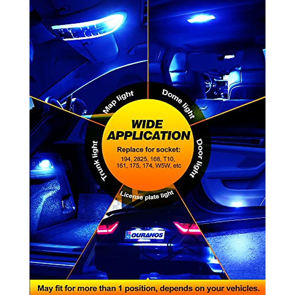 Ouranos 194 LED Bulb Blue No Polarity 168 T10 2825 LED Light Bulb for Car Interior Dome Map Door Courtesy License Plate Lights, Car Interior Atmosphere Blue Light Bulb