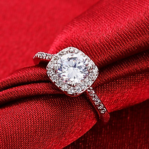 Uloveido White Gold Plated Square Solitaire Ring, White Cubic Zirconia Wedding Engagement Ring,Halo Rings for Women KR002 (Silver, Size 10)