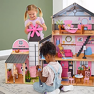 KidKraft Windmill Elevator 2-in-1 Wooden Barn & Dollhouse with Horse and Lights & Sounds, Over 3 Feet Tall, Pink