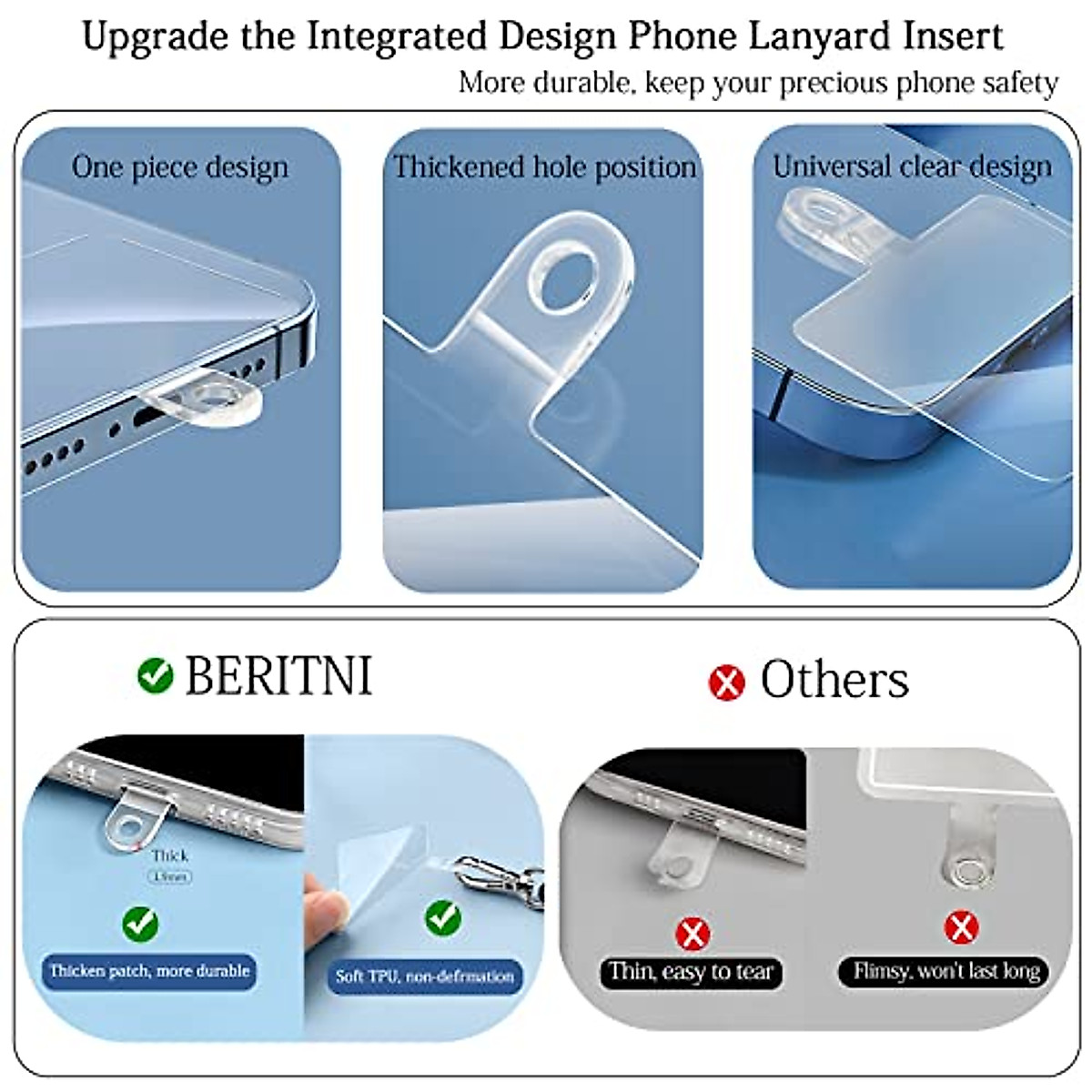 BERITNI Universal Cell Phone Tether Tab, 4 Pack Phone Lanyard Patch, Upgrade One-Piece Silicone Phone Lanyard Insert, Phone Lanyard Tab for Most Smartphone, Clear + Pattern