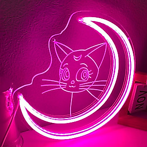JXIN Moon Neon Sign, Adorable Anime-Inspired Luna Cat Moon Light for Girl's Teen Room Wall Decor, Kawaii Gamer Room, Birthday Decorations