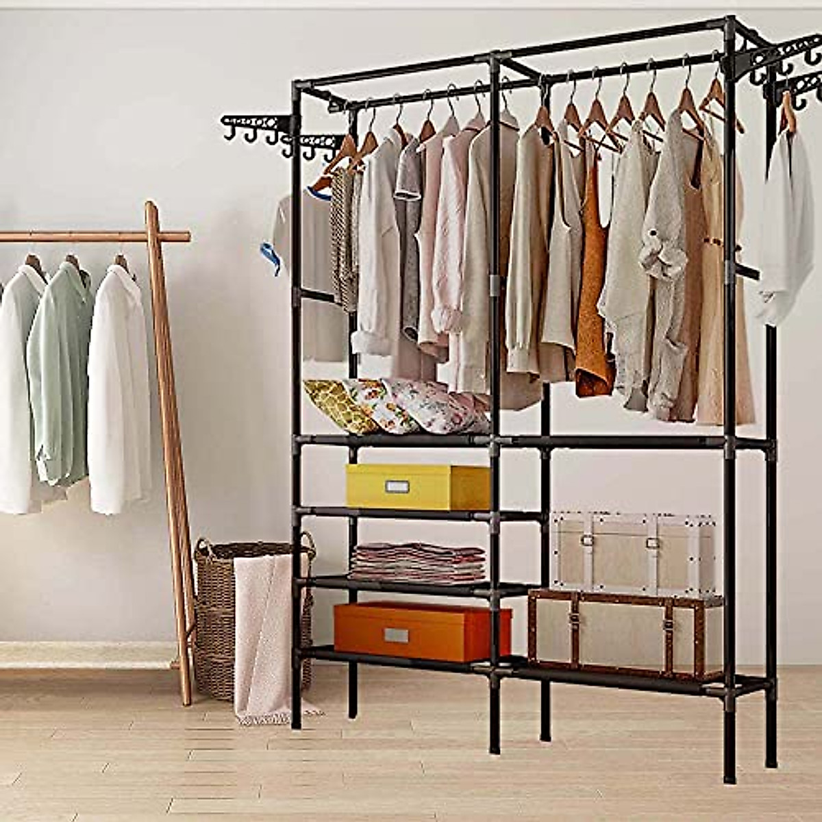 MOAMUN Metal Garment Rack Clothing Hanging Rack Free Standing Clothing Hanger with Top Rod,Lower Storage Shelves for Home Bedroom Laundry (Black)