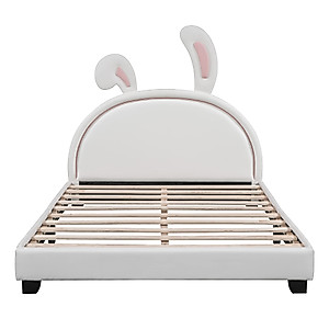 Merax Full Size Upholstered Leather Platform Bed with Bunny Ears Headboard, Platform Bed Frame with Rabbit Ornament for Kids, Child's Bedroom, No Box Spring Needed, White