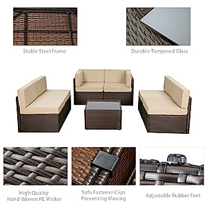 AECOJOY 7 Piece Outdoor Patio Furniture Set, Outdoor Sectional Conversation Furniture Chair with Coffee Table,Patio Sectional for Garden,Backyard(Khaki Cushions and Brown PE Rattan)