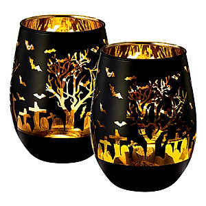 The Wine Savant Crystal Stemless Spooky Wine Glasses - Set of 2 - Themed Vibrant Black & Gold Spooky Ghost Pattern Frosted Glass, Themed Gothic Parties, Graveyard Black Gifts (16 OZ)