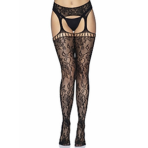 Leg Avenue Women's Lace Top Fishnet Stockings With Attached Garter Belt Tights, Black, One Size US