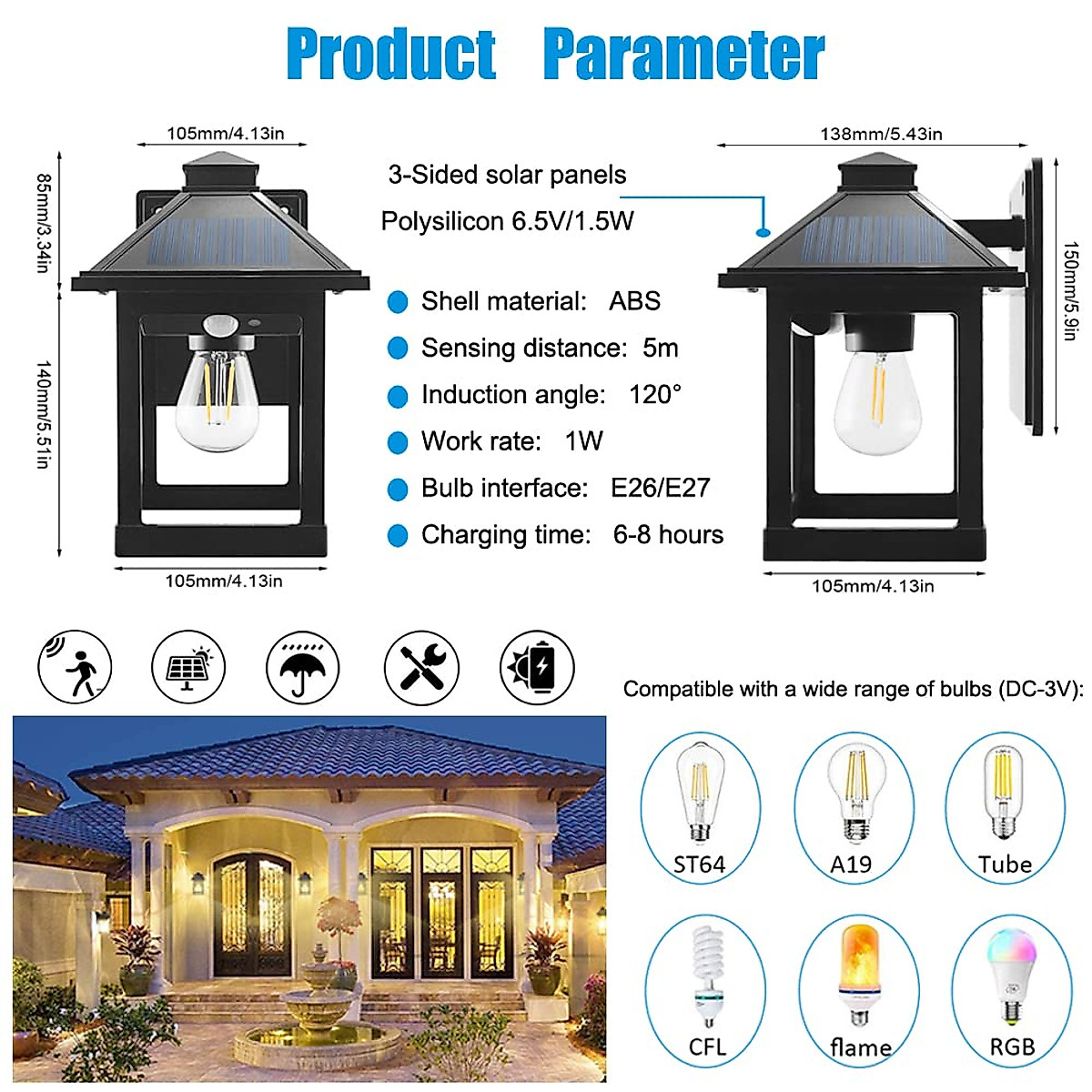 Solar Wall Lanterns Light Outdoor with 3 Modes, GEYUEYA 2 Pack Wireless Solar Motion Sensor LED Wall Sconce Lights Waterproof Warm Lighting Porch Light Fixtures for Patio Porch Garden Yard - No Glass