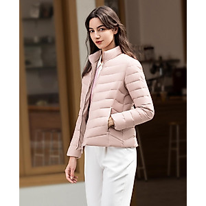 BOSIDENG Lightweight Women's Down Jacket Portable Water-Resistant Puffer Jacket Fall Coat with Stand Collar for Travel(Light Pink,XXL)