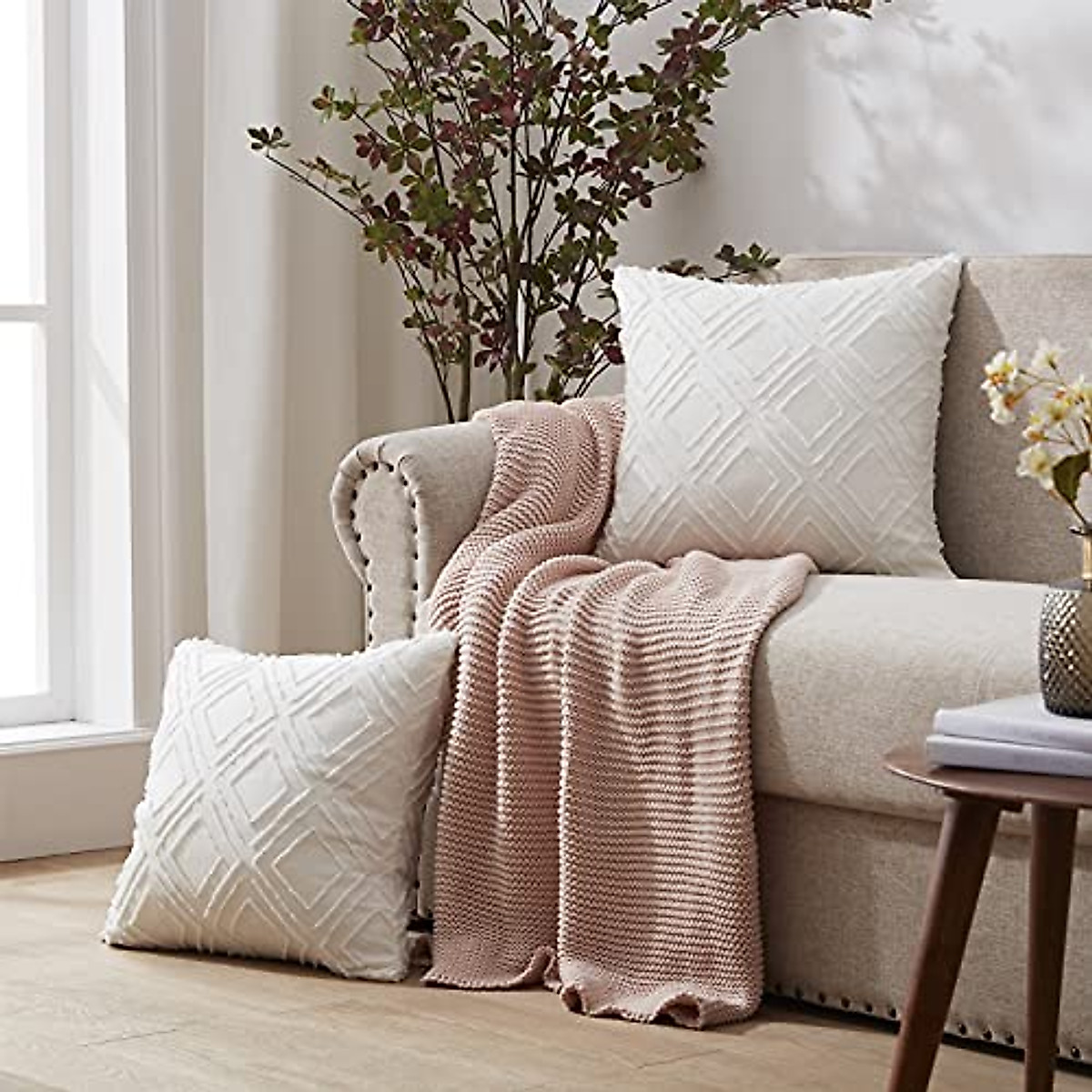 ACCURATEX Throw Pillows Set of 2, Boho Throw Pillows for Farmhouse with Cream Cute Tufted Cover, Decorative Pillow Inserts for Couch, Bed, 16"x16"