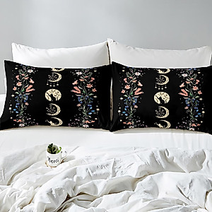 LUVIVIHOME 3PCS Black Cat Moon Phase Duvet Cover Queen Bedding Sets, Boho Aesthetic Celestial Witchy Mystic Gothic Moonlit Wildflower Floral Plant Botanical Black Comforter Quilt Cover, 2 Pillow Cases
