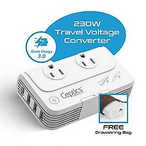 Ceptics 200 W Voltage Converter, Convert 220 V to 110V for Devices Like Curling Iron, Straightener, Chargers, Step Down World Power Plug - 4 USB PD 18W Fast Charging - EU/AU/UK/US Included