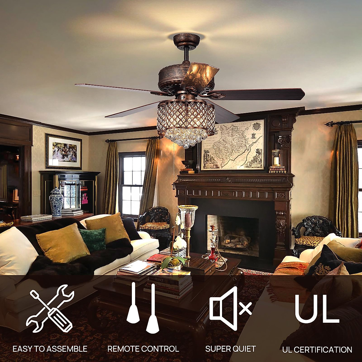 Neatmeat Crystal Ceiling Fans with Lights 52'' Chandelier Ceiling Fan with Pull Chain Control Flush Mount Vintage Bronze Ceiling Fan with 5 Reverse Wood Blades for Bedroom Living Room Dining Room